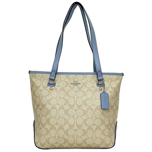 Coach | Bags | Coach Tote Bag Beige Light Blue Luxury Signature F58294 Pvc Leather Handbag ...